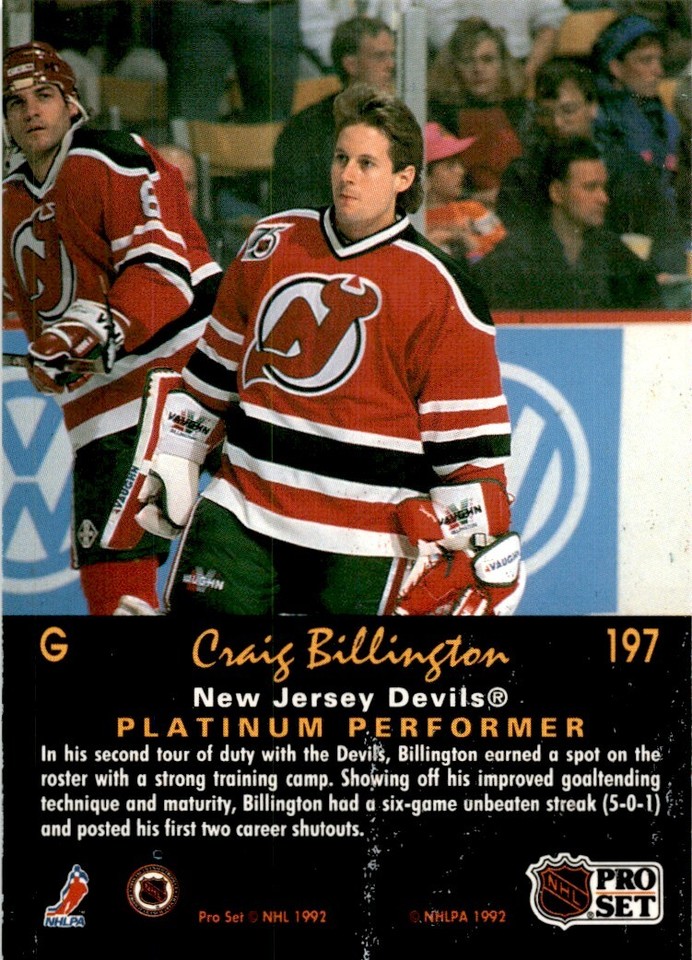 1991-92 Pro Set Platinum Craig Billington Rookie New Jersey Devils #197 ...