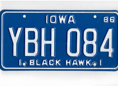 IOWA passenger 1986 license plate "YBH 084" ***BLACK HAWK*** | eBay