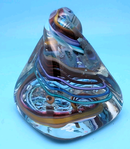 Signed Studio Art Glass Triangle Pyramid PAPERWEIGHT 3.5" Colored Swirl ...
