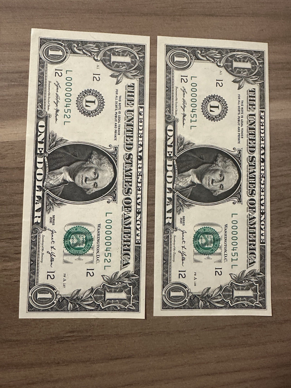 1 Dollar Bill, Includes 2 Bills, Low Serial Number, 2021, Five Zeros ...