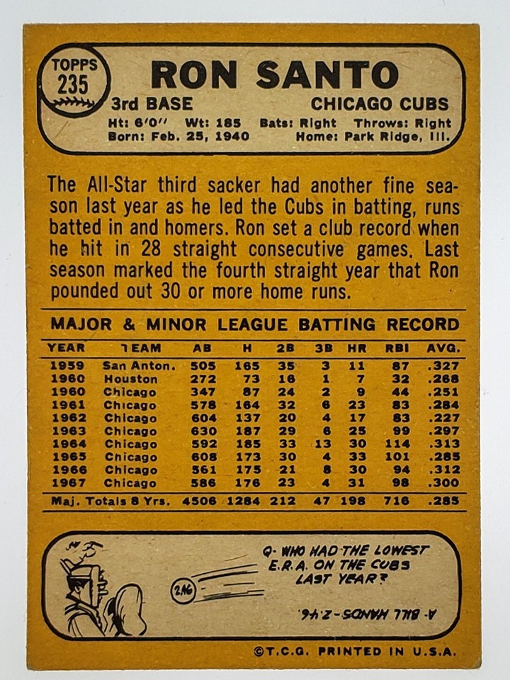 1968 Topps #235 Chicago Cubs HOF Ron Santo Excellent Condition Free ...