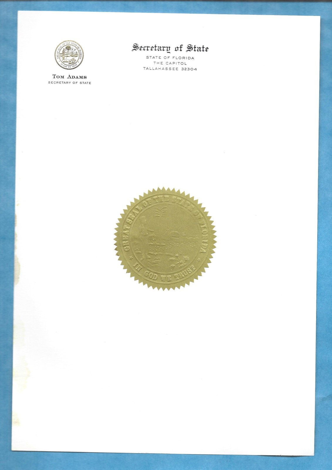 Florida Secretary of State Tom Adams 1961-1971 Stationery Embossed ...