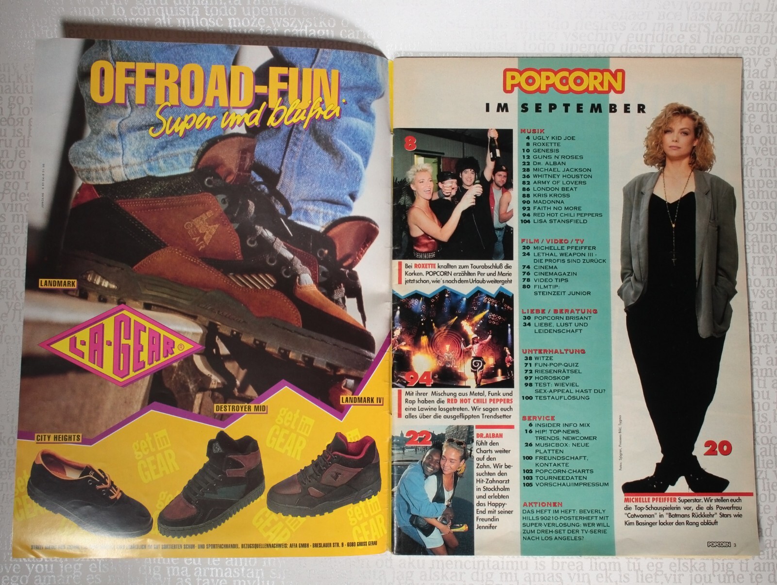 German POPCORN Magazine Sep 1992 : AXL ROSE cover, ROXETTE, KRISS KROSS ...