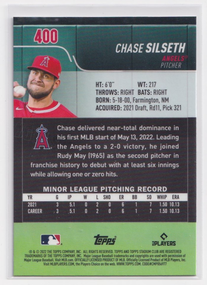 2022 Topps Stadium Club Chrome Chase Silseth RC Rookie #400 ST1 | eBay