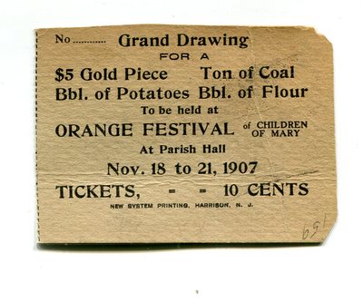Vintage RAFFLE TICKET 1907 ORANGE FESTIVAL Children of Mary Parish ...
