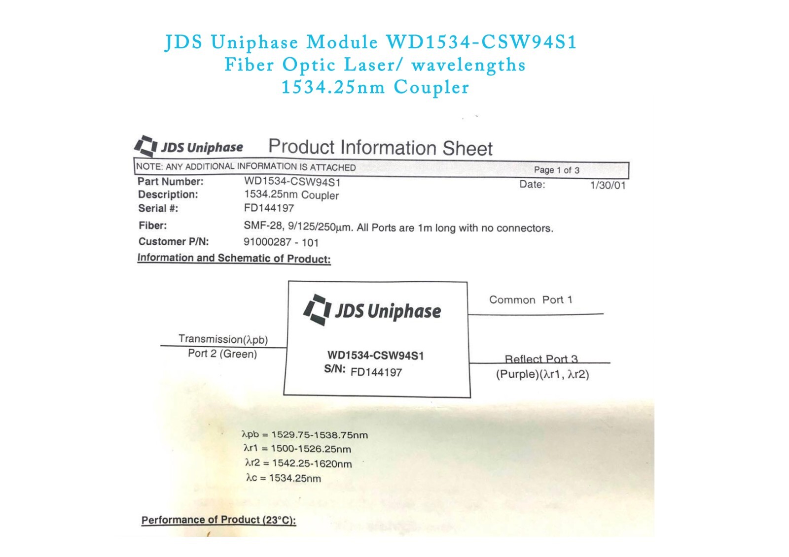JDS Uniphase Module WD1534-CSW94S1 Fiber Optic Laser/ wavelengths/ BAND ...
