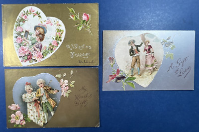 3 Colonial Valentine's Day Antique Postcards.EMB.Hearts, Flowers. UND ...