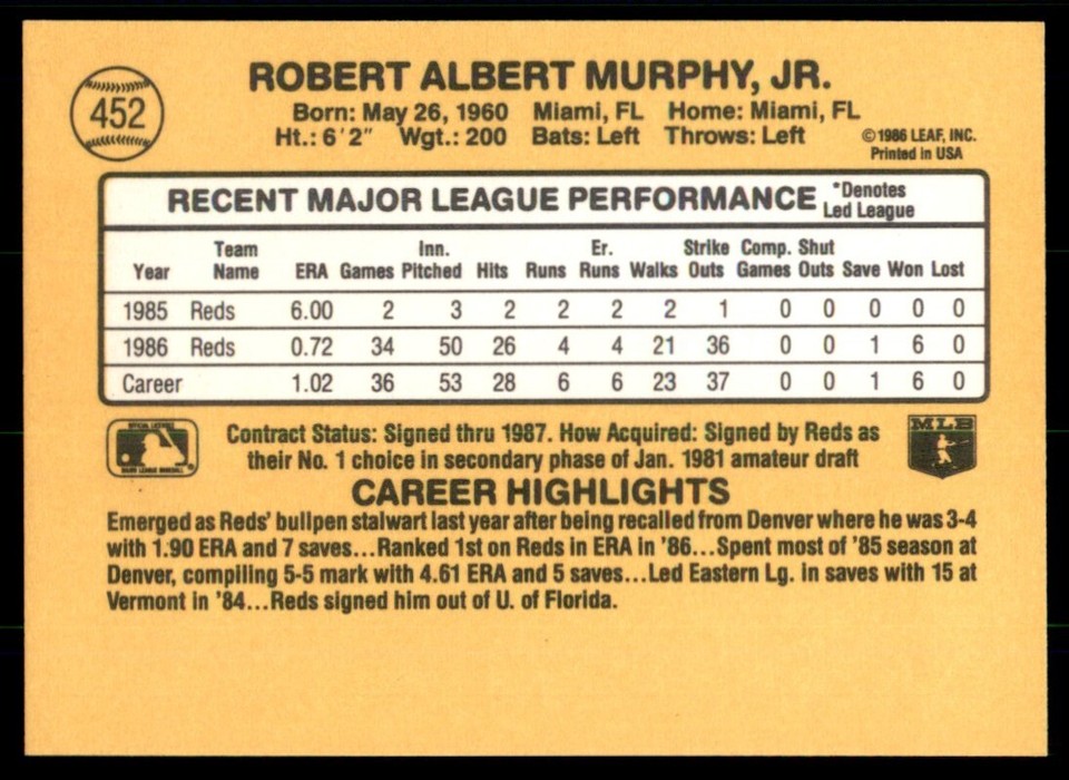 1987 Donruss Rob Murphy Rookie Cincinnati Reds #452 | eBay