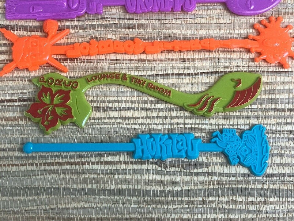 6 TIKI Bar Swizzle Sticks Hukilau SHAG Grumpy's Porco Royal Hawaiian BG ...