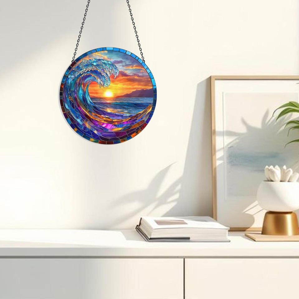 Ocean Wave Stained Glass Suncatcher, Coastal Acrylic Window Hanging ...