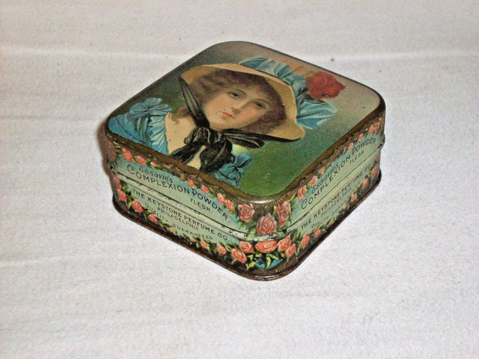 ANTIQUE ADVERTISING TIN FACE POWDER COMPLEXION KEYSTONE PERFUME CO ...