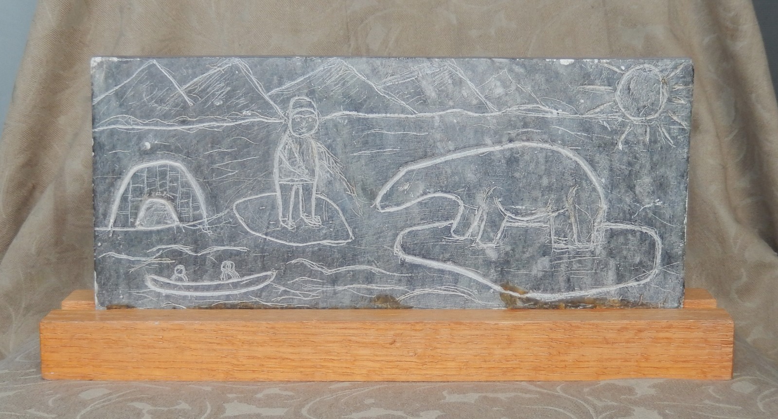 OLD NATIVE INUIT ALEUT ESKIMO ART STONE CARVING HUNTING SCENE LARGE ...