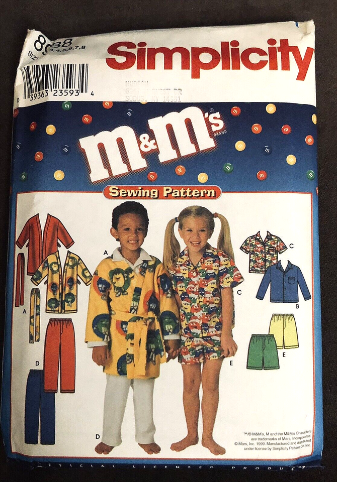 Simplicity 8988 M&M's Pattern Child's Robe, Pajamas Top, Pants Shorts 3 ...