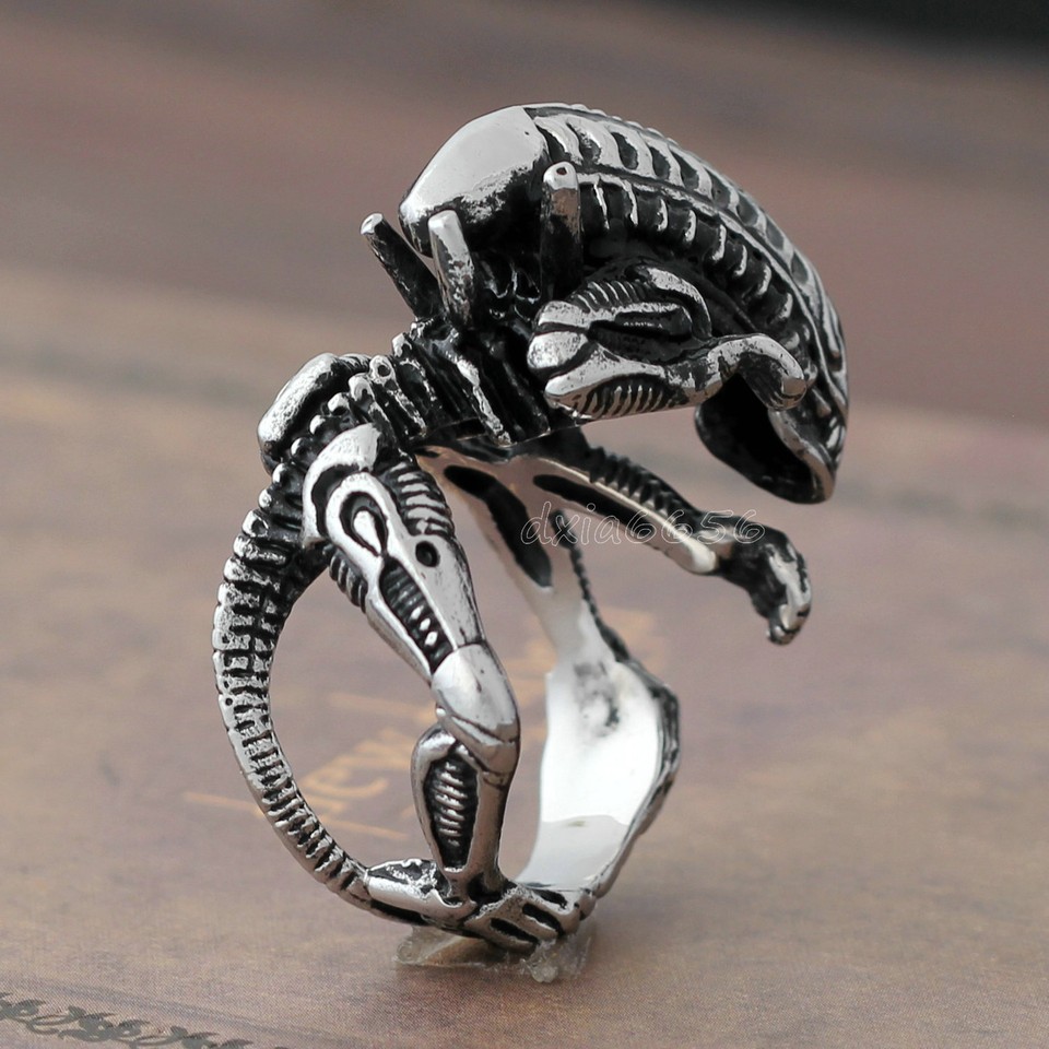 Men's 3D Black Silver Alien Skull Fierce Predator Stainless Steel Heavy ...
