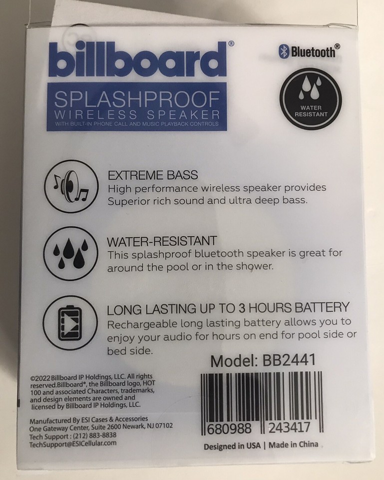 BILLBOARD Wireless Bluetooth Splash Proof Speaker BB2441 Blue Water ...