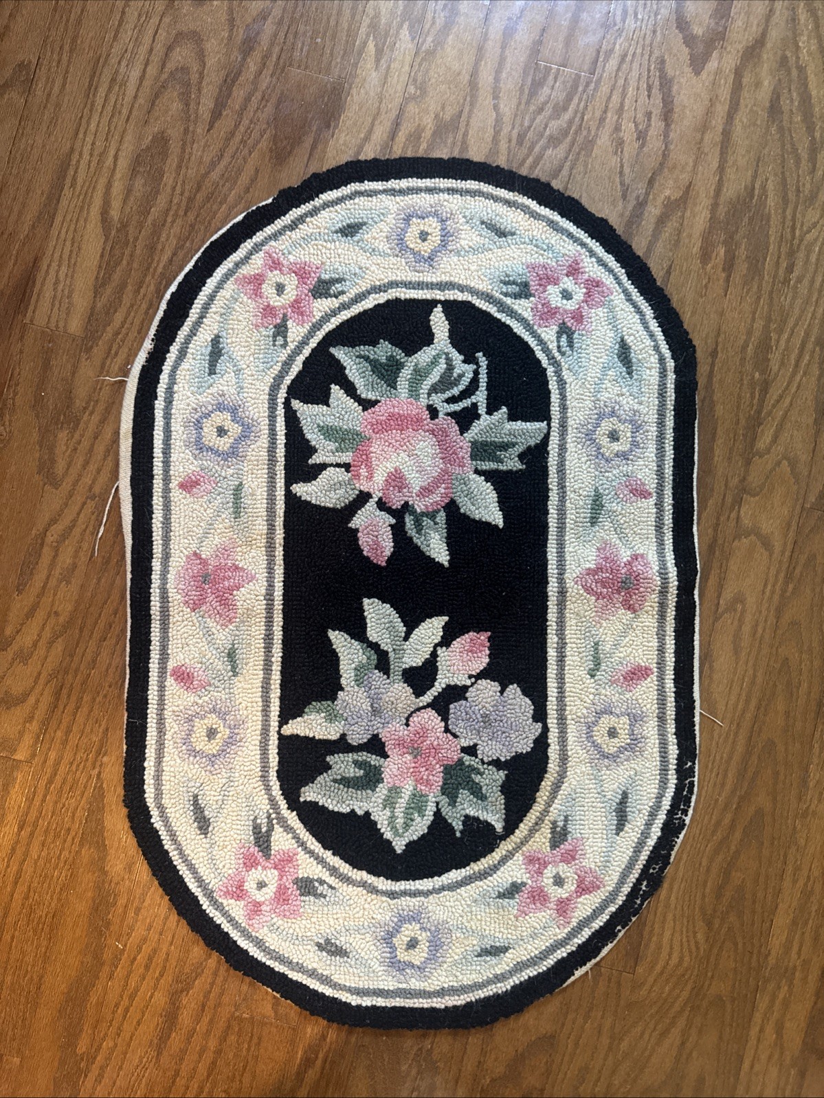 Vintage Hand Hooked Wool Floral Oval Rug Mat – Black Background ...