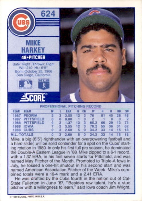 Mike Harkey 1989 Score Rookie Card #624 | eBay