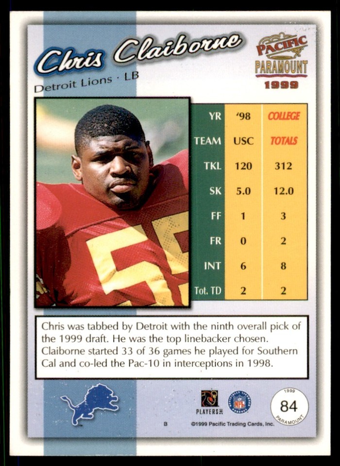 1999 Pacific Paramount Chris Claiborne Rookie Detroit Lions #84 NFL ...
