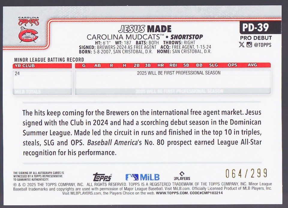 2025 Topps Pro Debut Jesus Made Auto Purple Foil Parallel Autograph ...