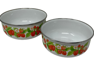 Vintage Kobe Kitchen Strawberry Enamelware Nesting Bowls 2 Japan Kitsch ...