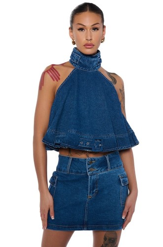 Akira CASSIE Hi Neck Denim Belted Trapeze Swing Crop Top Blouse SZ LG ...
