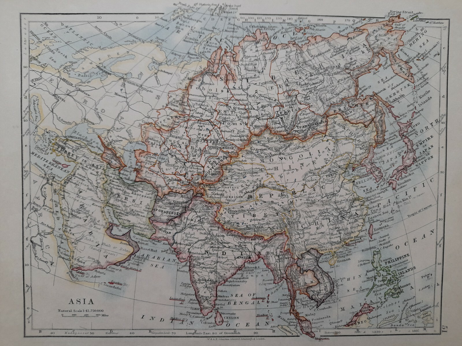 1913 MAP - ASIA MONGOLIA TIBET INDIA ARABIA PERSIA SIBERIA JAPAN CHINA ...