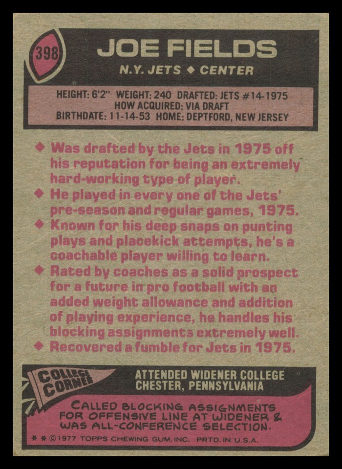 1977 Topps Football #398 Joe Fields RC New York Jets | eBay