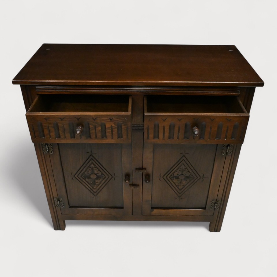 Jaycee Small Oak Sideboard Cupboard & Drawers 3ft Wide Carvings FREE UK Delivery | eBay UK