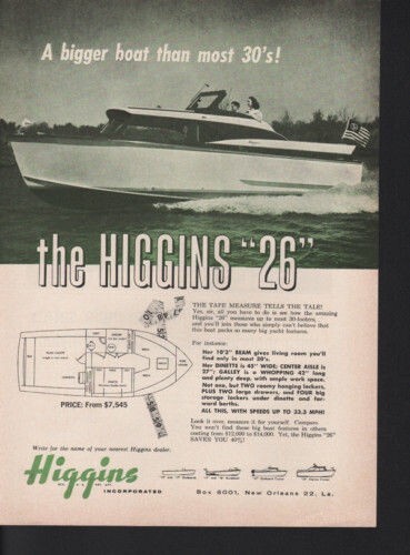 1958 HIGGINS MOTORBOAT CRUISER RUNABOUT NAUTICAL YACHT NEW ORLEANS AD ...