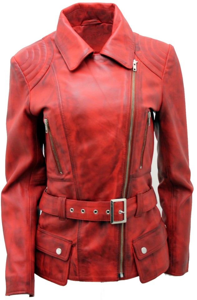 Ladies Red Vintage Long Feminine Leather Biker Jacket | eBay