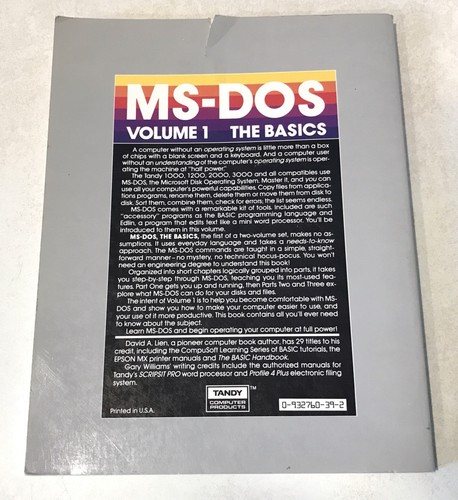 Vintage Tandy MS-DOS The Basics Volume 1 by David A Lien Paperback Book ...