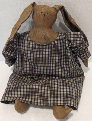Primitive Folk Art Hand Painted Muslin Cloth Bunny Rabbit Doll Signed ...