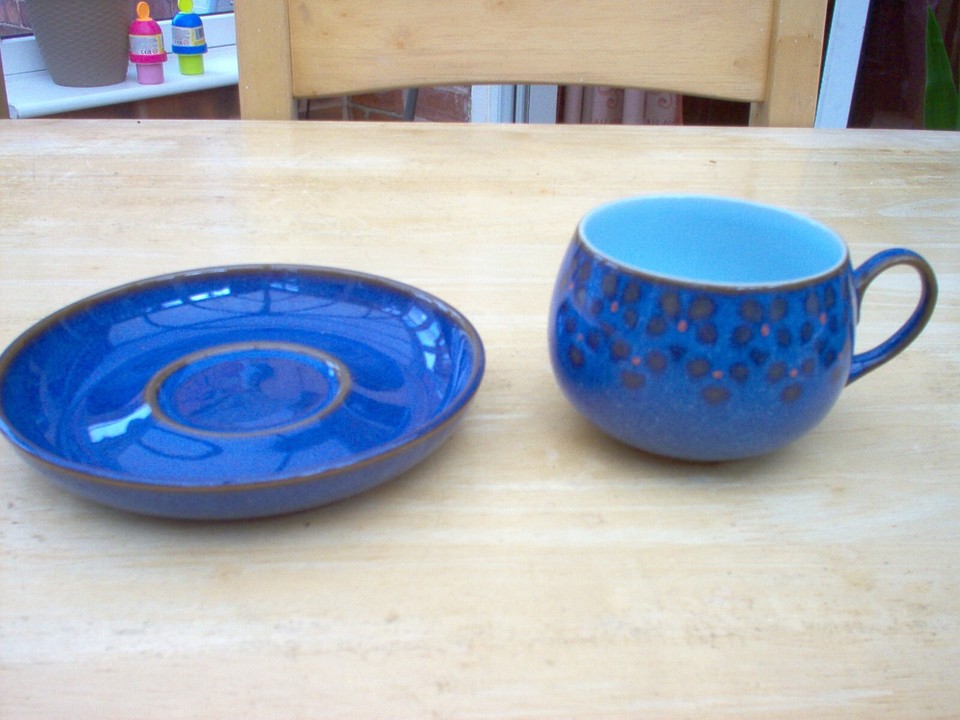 2 x Denby Midnight Blue Stoneware Cups and Saucers - Tea Coffee . VGC ...