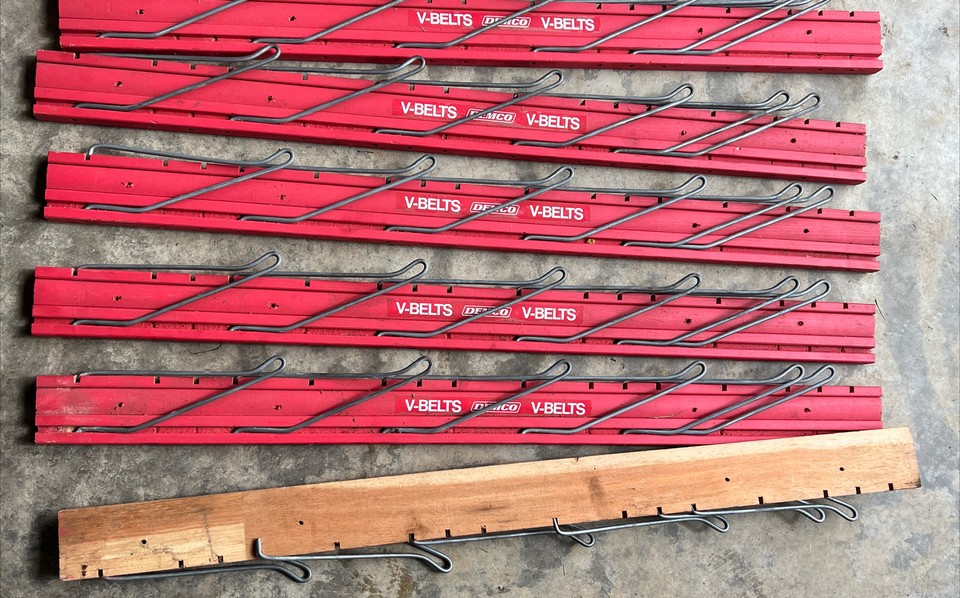(7) VINTAGE DEMCO V-BELTS HANG WOOD DISPLAY RACK WIRE SIGN CAR AUTO ...