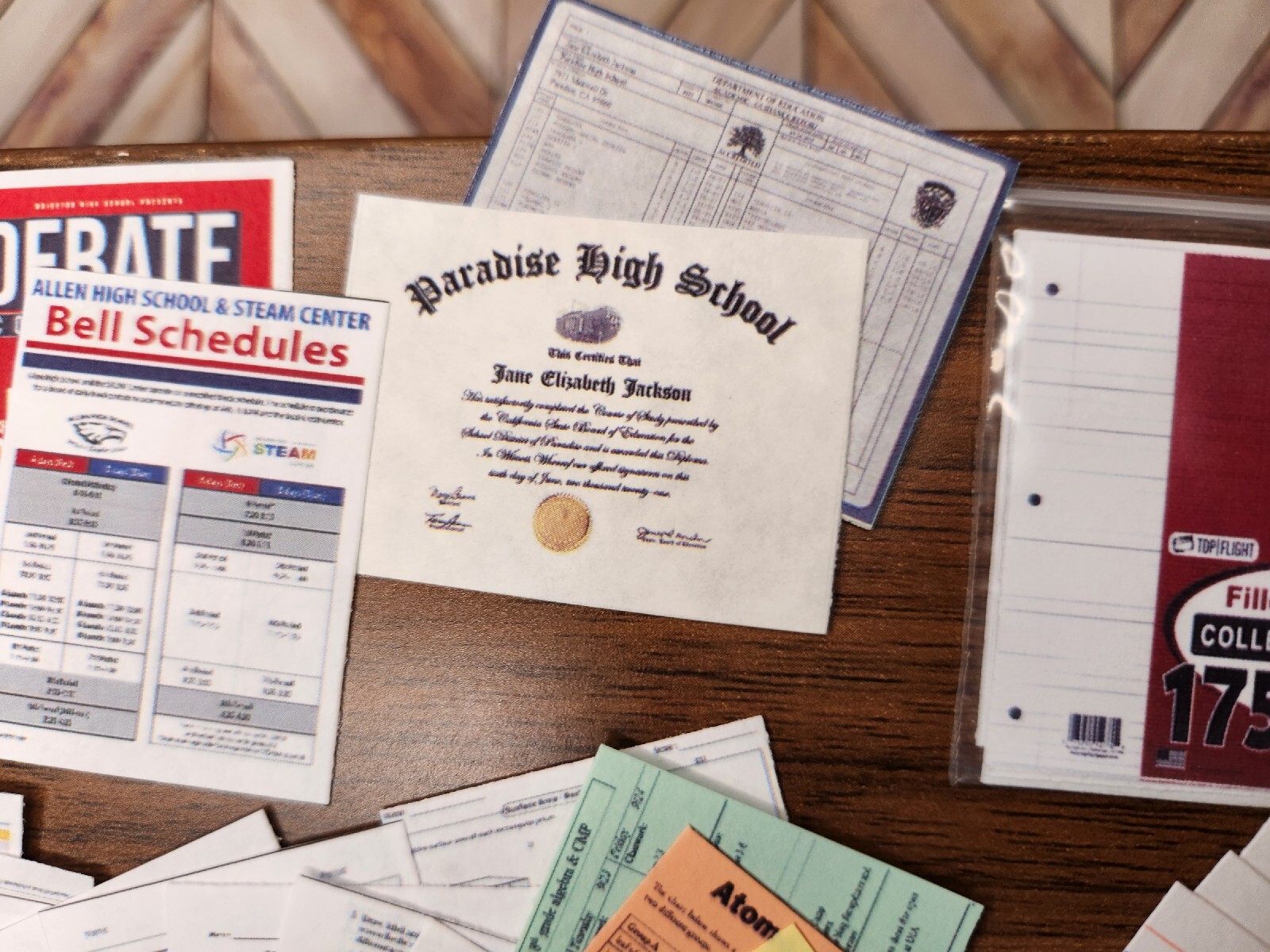 1/6 SCALE Mini HIGH SCHOOL papers, 1 folder, lined paper, homework ...