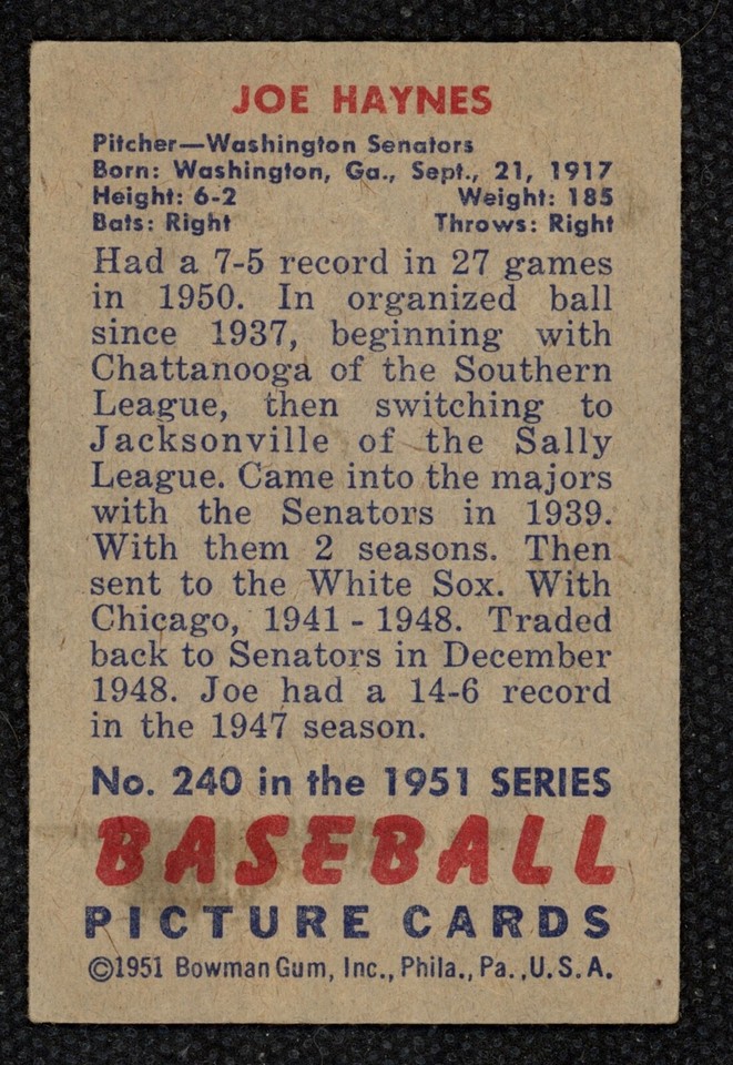 1951 Bowman #240 Joe Haynes ** Washington Senators ~ EX | eBay