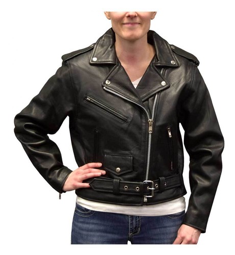 Redline Women's Angled Zipper Goat Leather Motorcycle Jacket, Black L ...