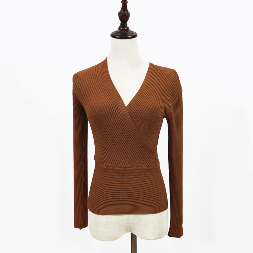 Lady Ribbed Knit Sweater Cross Over Front Deep V Neck Pullover Jumper ...
