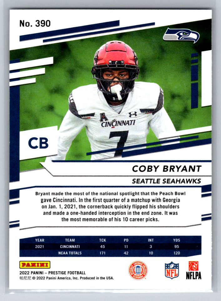 Coby Bryant 2022 Panini Prestige Rookie Card RC #390 Seattle Seahawks ...