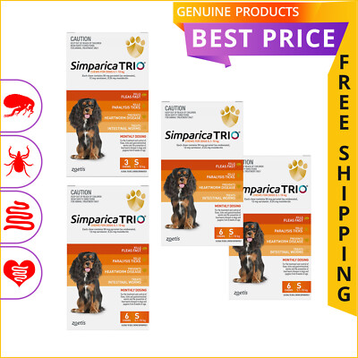 SIMPARICA TRIO Orange 3,6,12 Doses for Dogs 5.1 to 10 Kg Worm Flea ...