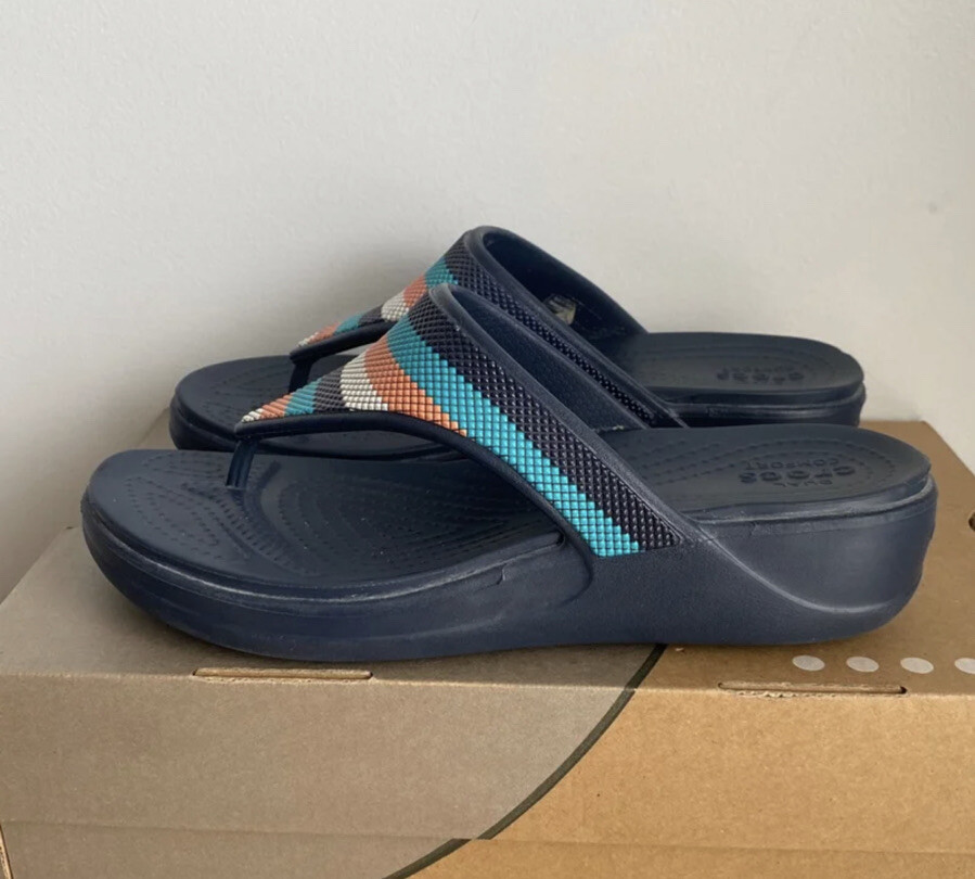 Crocs Monterey Bead Strap Wedge Flip Flop Sandal Blue… - Gem