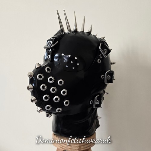 Medium Latex Mask Spiked black hood rubber Fetish Wear Spikes Straps ...
