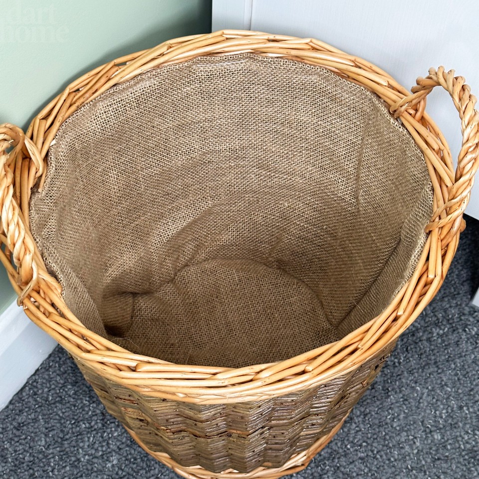 Unpeeled Log Basket Lined Woven Wicker Brown Round Fireplace Storage ...