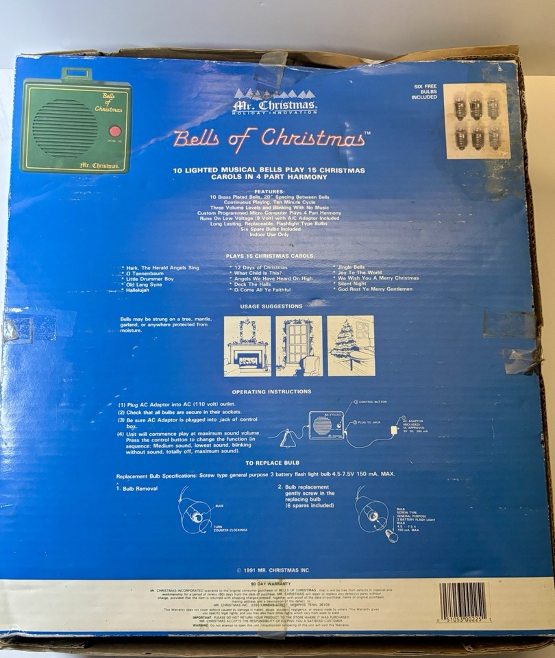 Vintage Mr. Christmas BELLS OF CHRISTMAS Musical Bells 15 Songs Carols ...