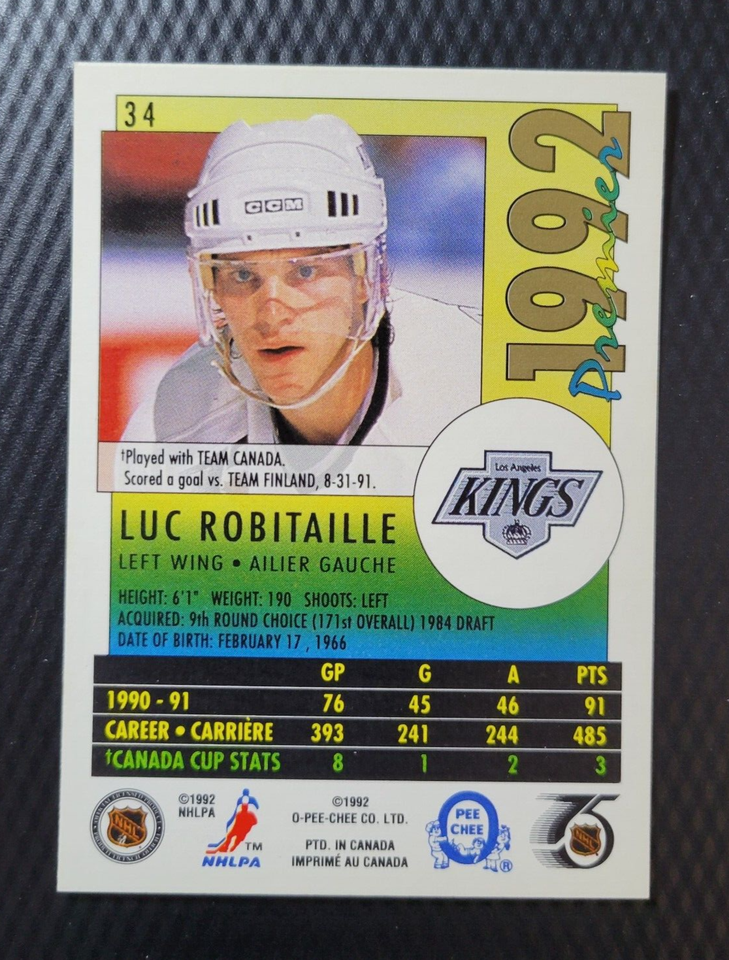 1991-92 O-Pee-Chee Premier LUC ROBITAILLE Los Angeles Kings HOF Hockey ...