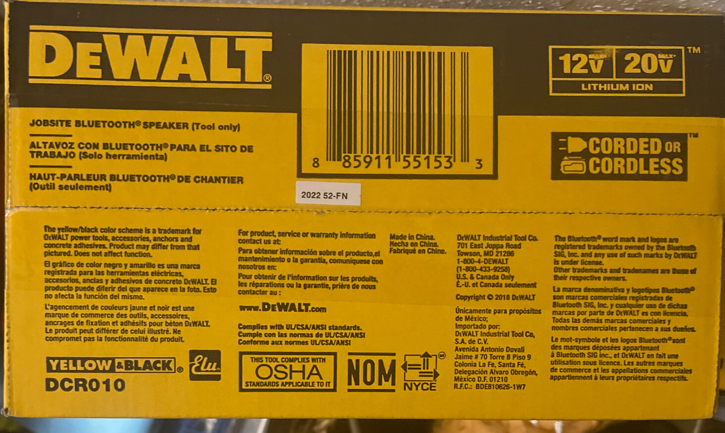 DEWALT DCR010 12V/20V MAX Jobsite Bluetooth Speaker-Cord Or Cordless ...