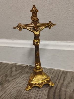 Vintage Ornate Gilded Altar Table Cross Standing Crucifix 7.5” INRI ...