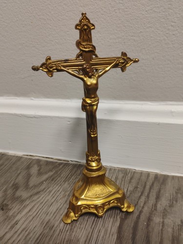 Vintage Ornate Gilded Altar Table Cross Standing Crucifix 7.5” INRI ...
