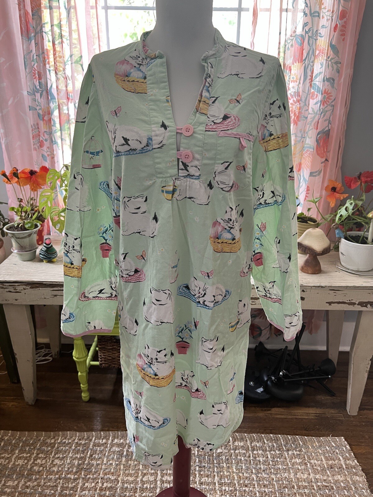 vtg nick & nora womens flannel night shirt gown M kitty cats kittens ...