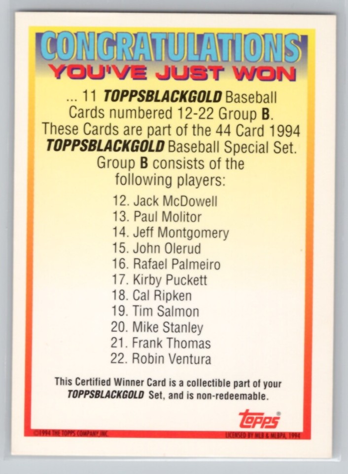 1994 TOPPS BLACK GOLD GROUP B WINNER REDEMPTION | eBay